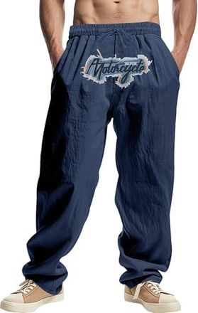 Generic Pantalon long en lin pour homme - Pantalon de plage avec imprim&eacute; - Pantalon d&eacute;t&eacute; avec taille &eacute;lastique - Pantalon de loisirs - Pantalon en tissu respi