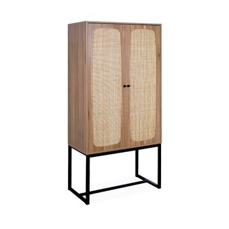 Sweeek Retro Geschirrschrank mit dunklem Holzdekor und Rohrgeflecht 2 T&uuml;ren mit schwarzen Metallbeinen - 165 cm - Retro