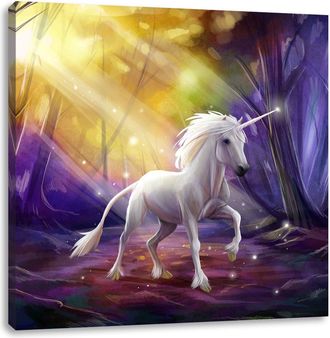 Pixxprint Einhorn im Märchenwald, Größe: 70x70, Leinwandbild Quadratisch, Wandbild, Kunstdruck, fertig bespannt