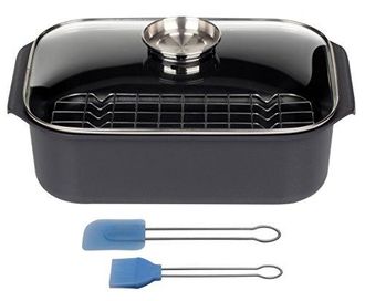 GSW 410908 Gourmet Rechteckbräter mit Grilleinsatz 40x26x11cm / Circa 8,0 L inkl, Backpinsel-Set 2-teilig, Aluguss, schwarz, 40 x 26 x 12,5 cm, 5 Einheite