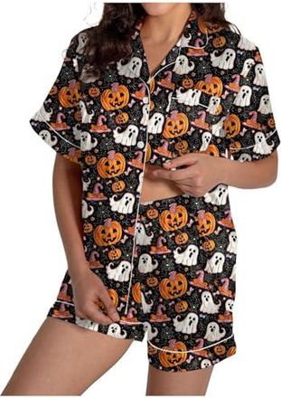 Generic V&ecirc;tements de nuit dHalloween pour femmes 2025 avec chemise et short &agrave; quatre boutons - Ensemble 2 pi&egrave;ces - Tenue d&eacute;contract&eacute;e - Ensemble de v&ecirc;tements 