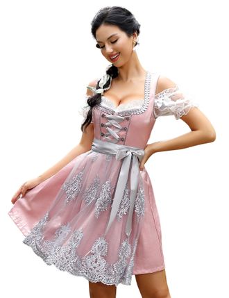 KOJOOIN Damen Dirndl 3tlg. Midi Kurz Trachtenkleid mit DREI Teilig:Dirndl Kleid,Dirndlsch&uuml;rze,Dirndlbluse f&uuml;r Oktoberfest Pink(3tlg.) 38