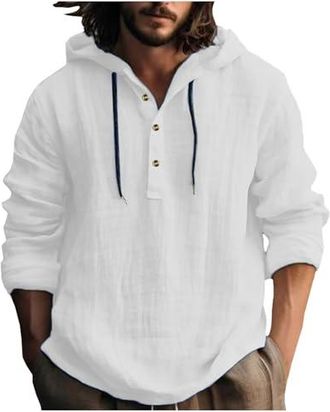 Generic Sweat &agrave; capuche pour homme en coton &agrave; manches longues et col boutonn&eacute; l&eacute;ger, respirant, confortable, doux, d&eacute;contract&eacute;, couleur unie, pull printemps 2