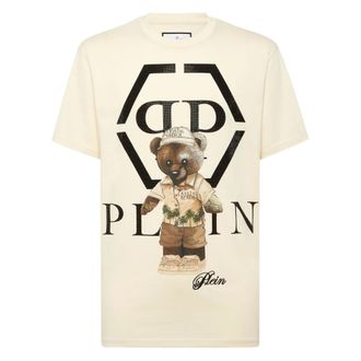 Philipp Plein Homme, Tops, Beige, Taille: L T-Shirt Col Rond Crystal Teddy Bear