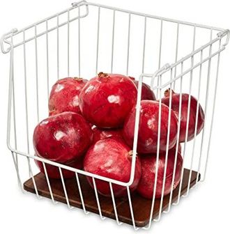 InterDesign iDesign Drahtkorb, Aufbewahrungskorb mit offener Front aus Metall und Akazienholz, Schütte mit Griffen zur Organisation von Vorratskammer und Haushalt