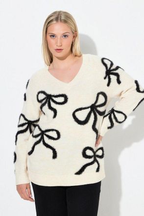 Ulla Popken Strickpullover Pullover Glitzer-Schleifen V-Ausschnitt Langarm