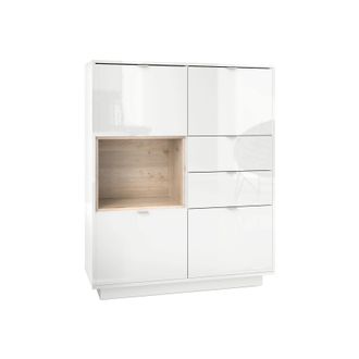 Vladon Highboard Sideboard Metro, Made in Germany, Korpus in Weiß Hochglanz/Fronten in Weiß Hochglanz mit Einsatz in Eiche Nordic