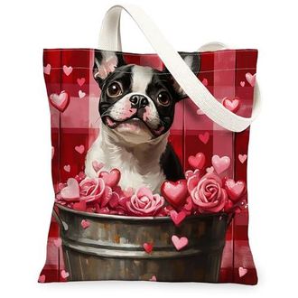 Generic Sac fourre-tout en toile motif terrier de Boston pour faire du shopping, 33 x 38,1 cm, sac &agrave; bandouli&egrave;re r&eacute;utilisable pour femme, peinture danimaux do