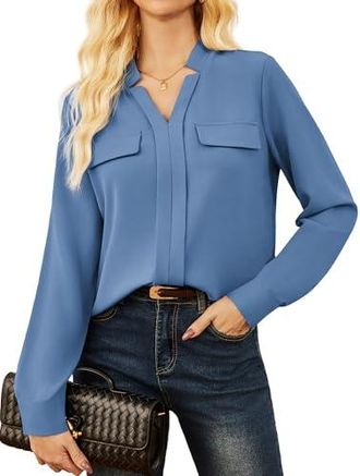 Grace Karin Top Femme Chic et &Eacute;l&eacute;gant Col V Manches Longues Haut de Bureau Travail Bleu XL