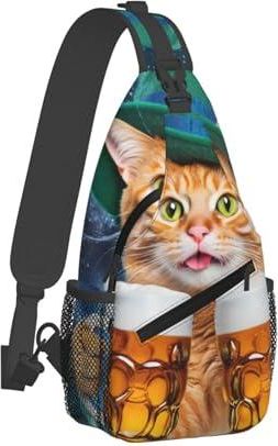 Generic R&eacute;glable Sacoche Port&eacute; &eacute;paule Chopes &agrave; bi&egrave;re Chat cool avec chapeau Boisson amusante Sac &agrave; Bandouli&egrave;re Polyester Crossbody Bag pour Randonn&eacute;e &eacute;cole Fe