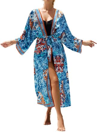 Bsubseach Kimono Cover Ups f&uuml;r Bademode Frauen Boho Badeanzug Coverup Strand Duster Lang Sommer Strickjacke Blau