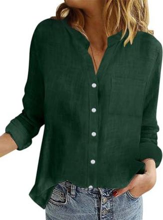 Onsoyours Chemise Lin Femme Printemps Eté Chemisier Coton Et Lin pour Femmes Col en V Bouton Manches Longues Tops Couleur Unie LâChe Respirant T-Shirts A Vert X