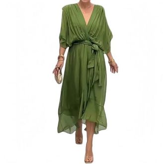 Generic Keepholdon Robe longue dété élégante et élégante à col en V pour femme, en mousseline de soie, confortable et douce pour la peau, Vert, 5XL