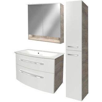 Fackelmann b.style Badm&ouml;bel Set mit Waschbecken mit Unterschrank 80 cm breit - Spiegelschrank Bad mit Beleuchtung und Hochschrank in Wei&szlig; mit Holz