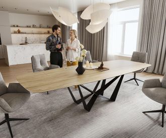 DELIFE Esstisch Edge Boot 200-300x120 cm Keramik Laminam Sabbia Eichefarbig Spider Flachstahl Schwarz ausziehbar, Esstische