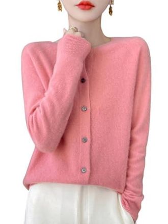 ORANDESIGNE Gilet Femme Chic et Elegant Gilet Court Col Rond Gilets Manches Longues Cardigan Laine Mi-Saison A Rose XS