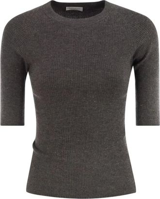 Brunello Cucinelli Femme, Pulls, Gris, Taille: 42 FR Haut en maille c&ocirc;tel&eacute;e