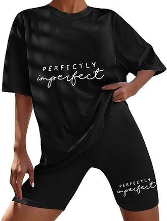 Generic Ensemble de sport 2 pi&egrave;ces pour femme - Ensemble de salon d&eacute;t&eacute; 2026 - Imprim&eacute; - V&ecirc;tements assortis - T-shirts et shorts - Ensemble assorti, Noir, XXL