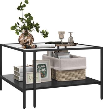 HOMCOM Couchtisch, quadratisch, 2 Ebenen, mit Platte aus Hartglas, 1 untere Ablage, minimalistisches Design, Wohnzimmer Möbel, Maße: 73 x 73 x 46,5 cm, Schwa