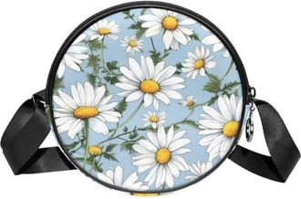 Generic Petit sac &agrave; bandouli&egrave;re circulaire pour femme, marguerites florales, petit sac &agrave; dos &agrave; bandouli&egrave;re avec fermeture &eacute;clair, bretelles r&eacute;glables, sac &agrave; m