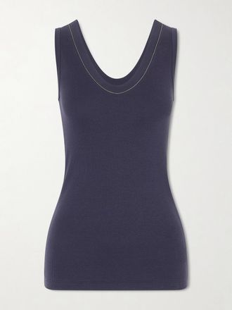Brunello Cucinelli Tanktop Aus Geripptem Jersey Aus Einer Baumwollmischung Mit Verzierung - Blau
