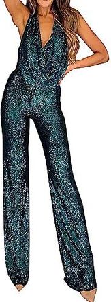 Generic Combinaison de f&ecirc;te pour femme - Combinaison &eacute;l&eacute;gante &agrave; paillettes - Combinaison pour invit&eacute;s de mariage - Bretelles spaghetti - Short &agrave; paillettes fr