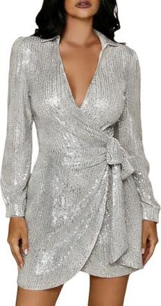 Generico Robe de cocktail &eacute;l&eacute;gante et brillante &agrave; manches longues avec ceinture et d&eacute;collet&eacute; en V pour femme, argent m&eacute;tallique, XX-Large