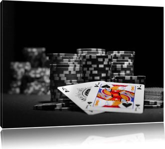 Pixxprint Pokertisch mit Pokerchips und Karten B&W, Größe: 120x80cm, Leinwandbild, fertig gespannt, Wandbild, Dekoration, Kunstdruck, kein Poster