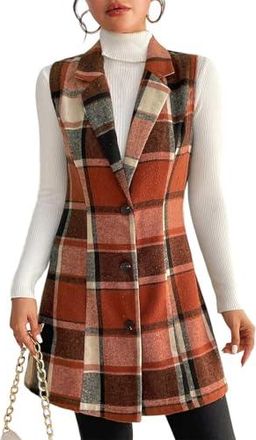 Generic Vestes pour femmes, grande taille, gilet, manteau, tendance, &agrave; carreaux, veste sans manches pour lautomne et lhiver, tenue d&eacute;contract&eacute;e, Rouge, XL