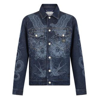 Philipp Plein Homme, Vestes, Bleu, Taille: XL Veste Trucker en jean avec monogramme jacquard