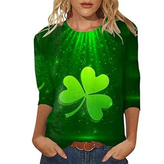 Generic T-shirt pour la Saint-Patrick pour femme - Imprim&eacute; tr&egrave;fle porte-bonheur - Chemisier &agrave; manches 3/4 - Col rond - Haut d&eacute;contract&eacute; - Pull d&eacute;contract&eacute; pou