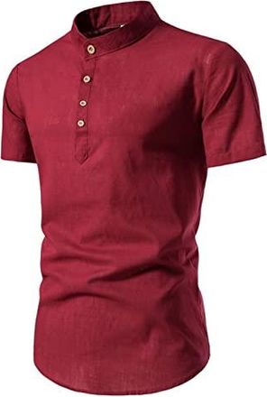 Generic Chemise en coton et lin pour homme Henley Gym Tops pour homme europ&eacute;en et am&eacute;ricain col montant couleur unie &agrave; manches courtes T-shirt tunique respira