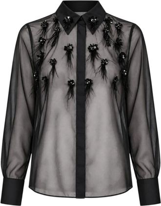 Nenette Chemisier transparent orn&eacute; de plumes et de strass - Femme - Blouses et Chemises - Noir - Taille: 42 FR
