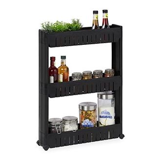 Relaxdays Nischenwagen, 3 Ablagen, schmales Nischenregal Bad & Küche, HBT 71x12,5x54 cm, Rollregal Kunststoff, schwarz