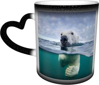 IUBBKI Schwimmende Eisb&auml;r-Tasse mit Farbwechsel im Himmel, Keramik, w&auml;rmeempfindliche Tasse, Latte-Becher, w&auml;rmeempfindliches Design f&uuml;r Geschenke, B&uuml;ro, per