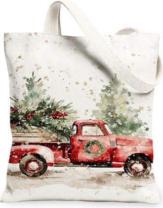 Generic Sacs fourre-tout en toile de camion de No&euml;l, motif arbre rustique, sacs d&eacute;picerie r&eacute;utilisables, l&eacute;gers et lavables en toile pour, Rouge, 13x15 Inch