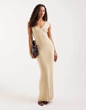 4th & Reckless Maxikleid aus Rippstrick in Buttercreme mit V-Ausschnitt-Gelb