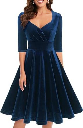 Bbonlinedress Robe Femme Chic et Elegant de Soir&eacute;e No&euml;l Hiver Midi pour Mariage R&eacute;veillon Nouvel an Cocktail Bal Promo Col en V Manches Longue V-Navy 3XL