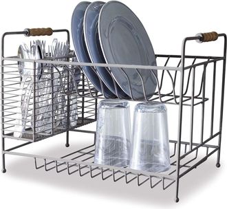 Loberon Geschirrst&auml;nder Aden, edles Antik-Finish, nostalgischer Charakter, K&uuml;chenutensilien, K&uuml;chenhelfer, Abtropfgestell, Eisen, Birkenholz, antikgrau