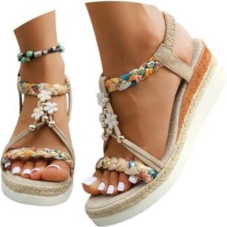 Minetom Sandales Compensées Femme Été Boho Confortable Bout Ouvert Plateforme Chaussures à Talon Compensé A8 Beige 37 EU