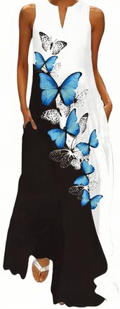 Ocean Plus Damen Ärmelloser Langer Rock V-Ausschnitt Bedrucktes Blumenkleid Ärmelloses Maxikleid mit V-Ausschnitt (5XL, Blaue Schmetterlinge)