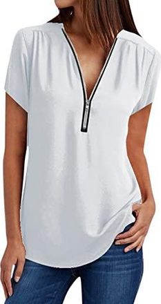 Generic Pull à manches courtes pour femme avec col en V et demi-fermeture éclair - Couleur unie - Pull ample - Tunique décontractée - Chemisiers et chemises p