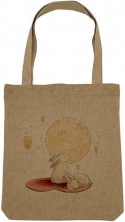 Fabulous Sac Shopping Tote Bag Aspect Lin - Lapin sous la Lune Illustration Fait Main Style Aquarelle Mignon - Sac de Courses Toile Epaisse 360g Beige Naturel 