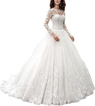 Generic Robe de soirée élégante pour femme - Manches longues en dentelle - Blanc cassé - Robe de soirée longue pour un look sophistiqué