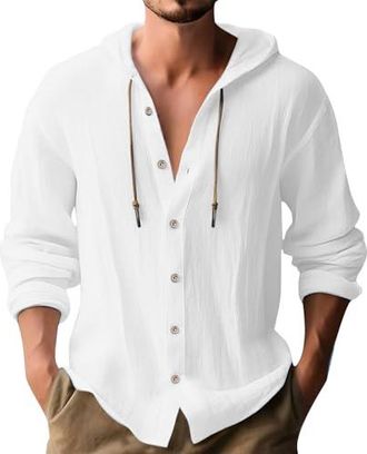 Generic Chemises boutonn&eacute;es en lin pour homme - Haut en coton &agrave; manches longues - T-shirt de plage &agrave; manches longues - Col en V - Chemises en lin boutonn&eacute;es -