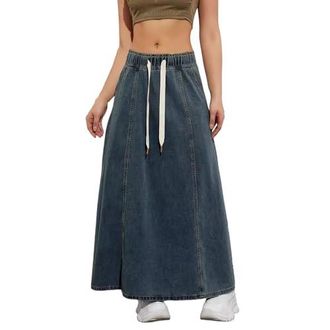 Generic Jupe en jean pour femme avec taille &eacute;lastique et jupe mi-longue en jean trap&egrave;ze, bleu fonc&eacute;, XXL