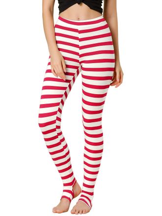 Allegra K Damen Leggings Bedruckt Hohe Taille Elastischer Bund Party Yoga Steigb&uuml;gelhose, Rot/Wei&szlig; gestreift, Gro&szlig;