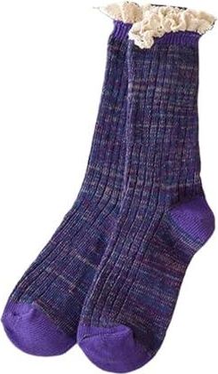 Generico Chaussettes mi-mollet avec garniture en dentelle, chaussettes de printemps avec fil &eacute;pais pour femme 2 paires, Color5, Taille Unique