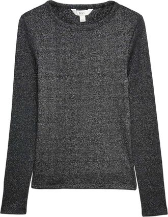 Marks and Spencer Gl&auml;nzendes Oberteil Mit Hohem Baumwollanteil Und Rippenmuster Damen Schwarz UK 12 (EU 40)