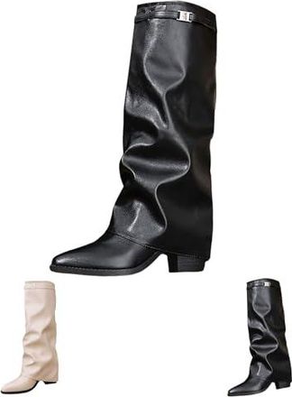 Generic Bottes pour femmes avec talon pointu - Bottes hautes &eacute;l&eacute;gantes en cuir pour femmes - Bottes pliables Fold Over - Bottes &agrave; genou requin - Bottes &agrave; tige